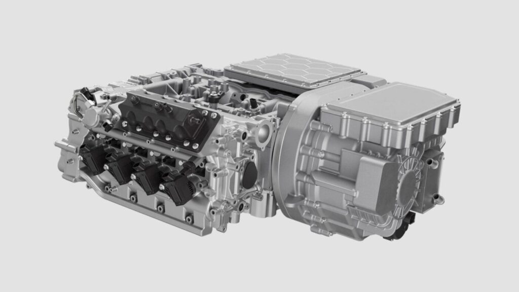 Un motor de gasolina, el cambio, la electrónica y un motor eléctrico ...
